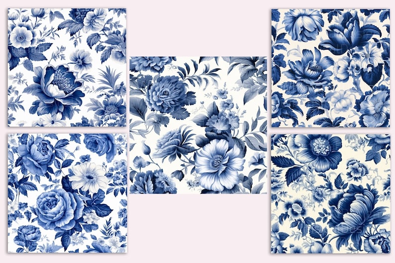 20 Vintage Delft Seamless Pattern, Digital Paper Pack, Flowers ...