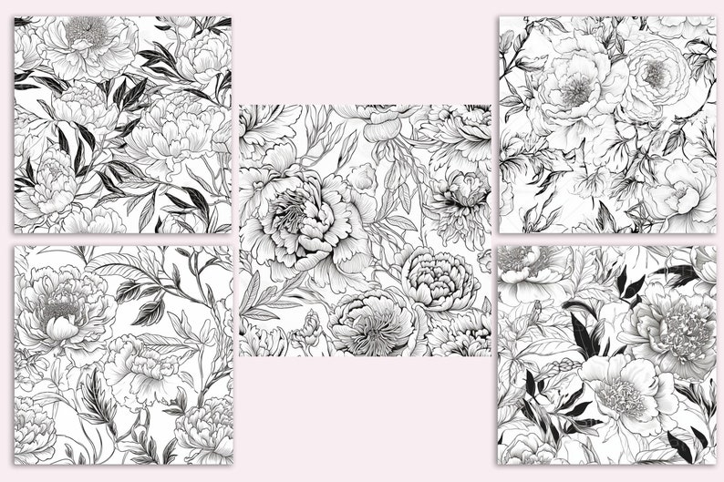20 Black and White Peonies Seamless Pattern, Digital Paper Pack, Floral ...