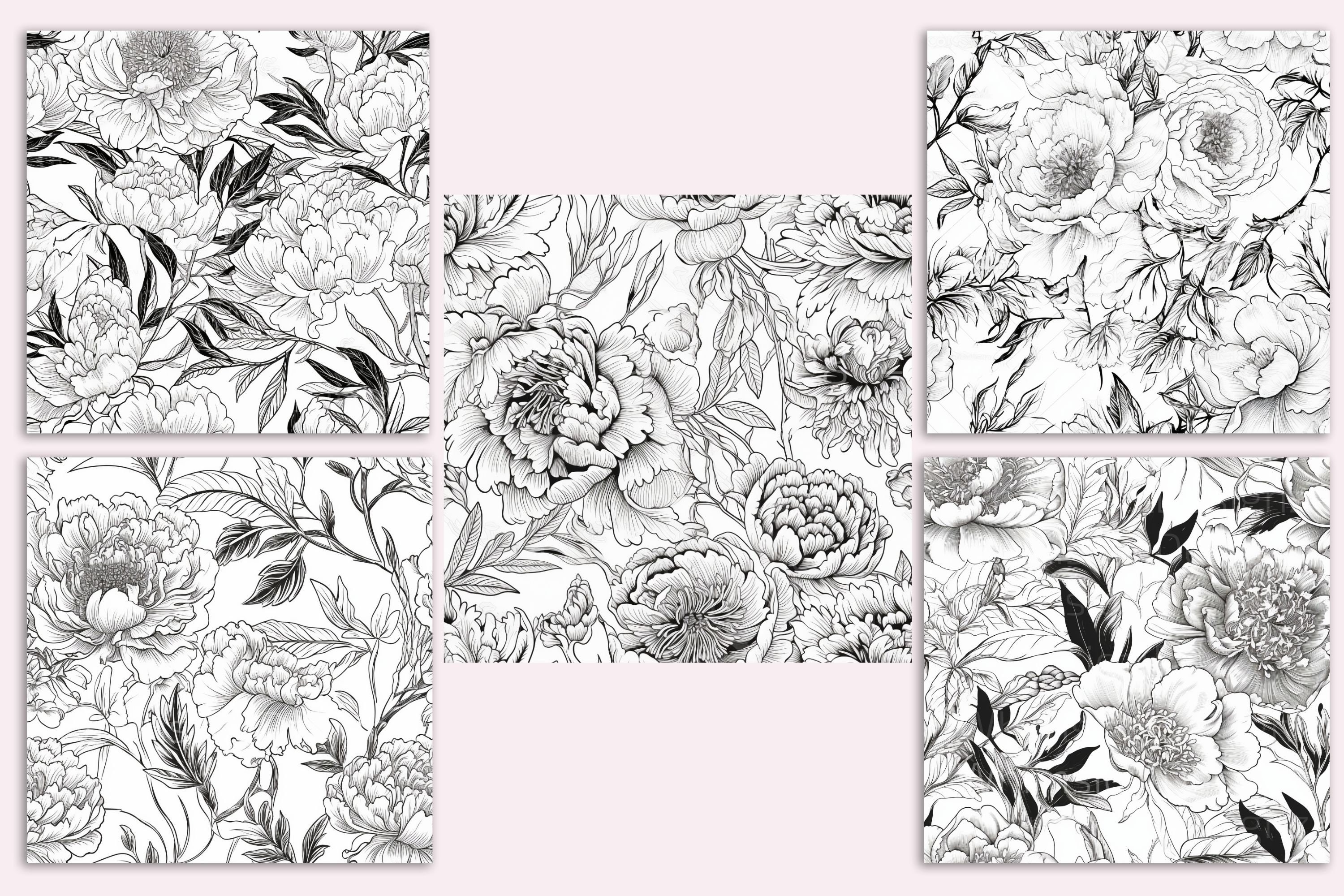 20 Black and White Peonies Seamless Pattern, Digital Paper Pack, Floral ...