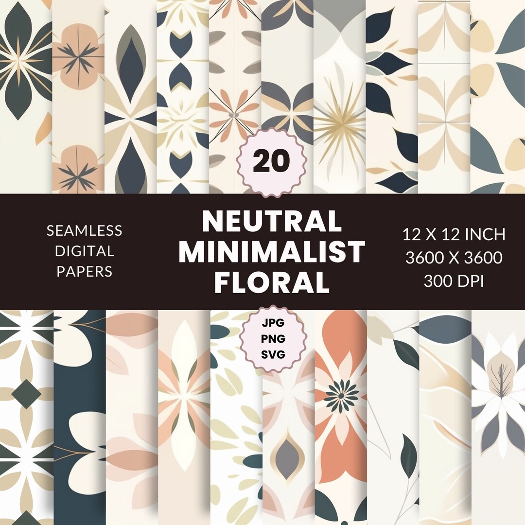 20 Neutral Minimalist Floral Seamless Pattern, Digital Paper Pack ...