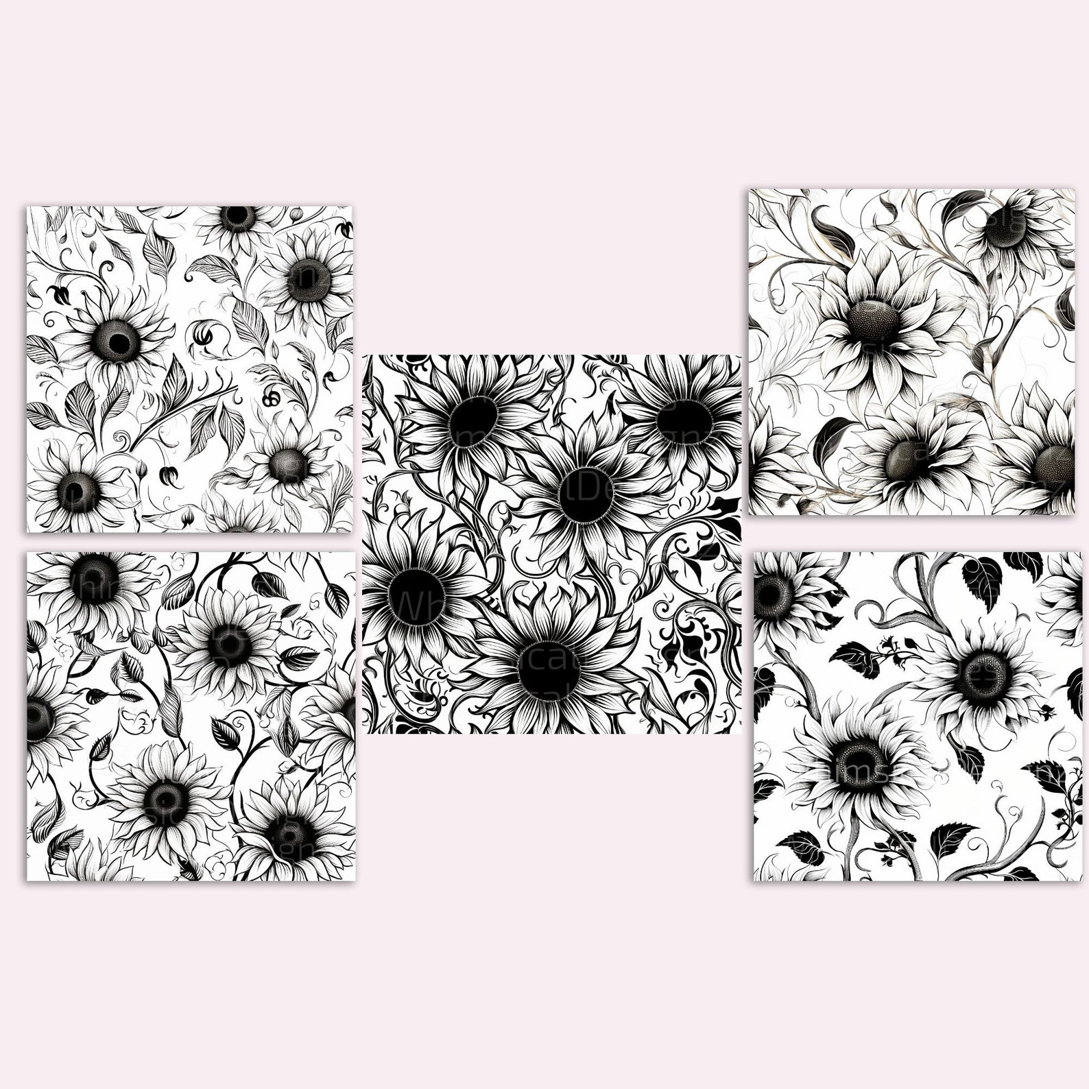 20 Black and White Sunflowers Seamless Pattern, Digital Paper Pack ...