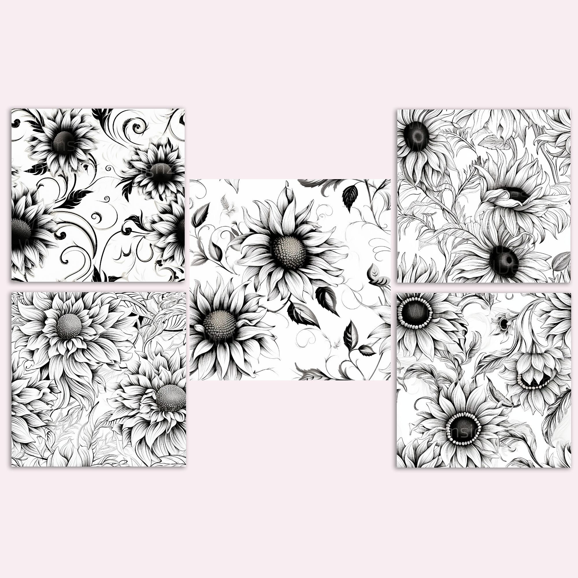 20 Black and White Sunflowers Seamless Pattern, Digital Paper Pack ...
