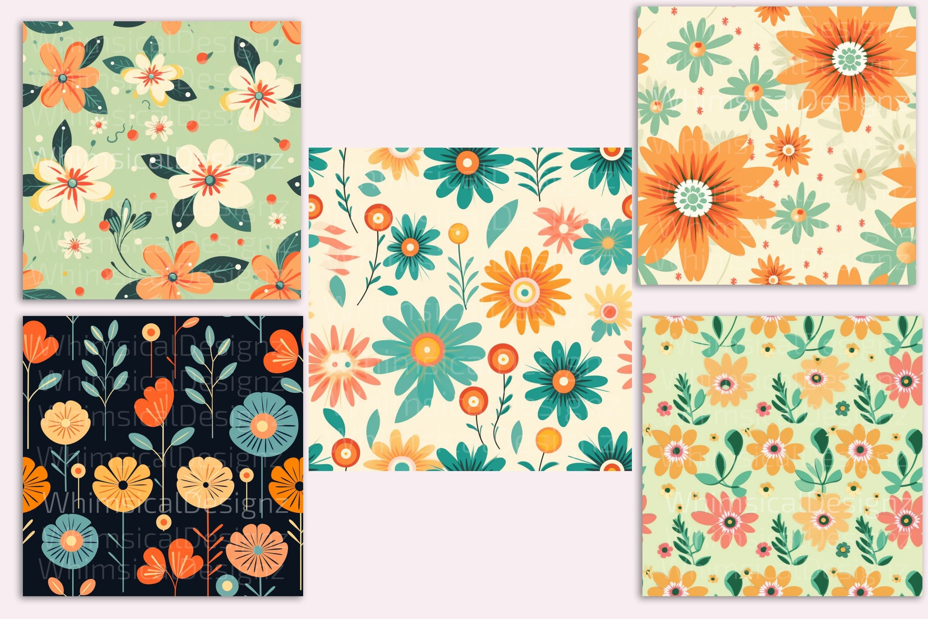 20 Retro Spring Flowers Seamless Leaves Pattern, Digital Paper Pack ...