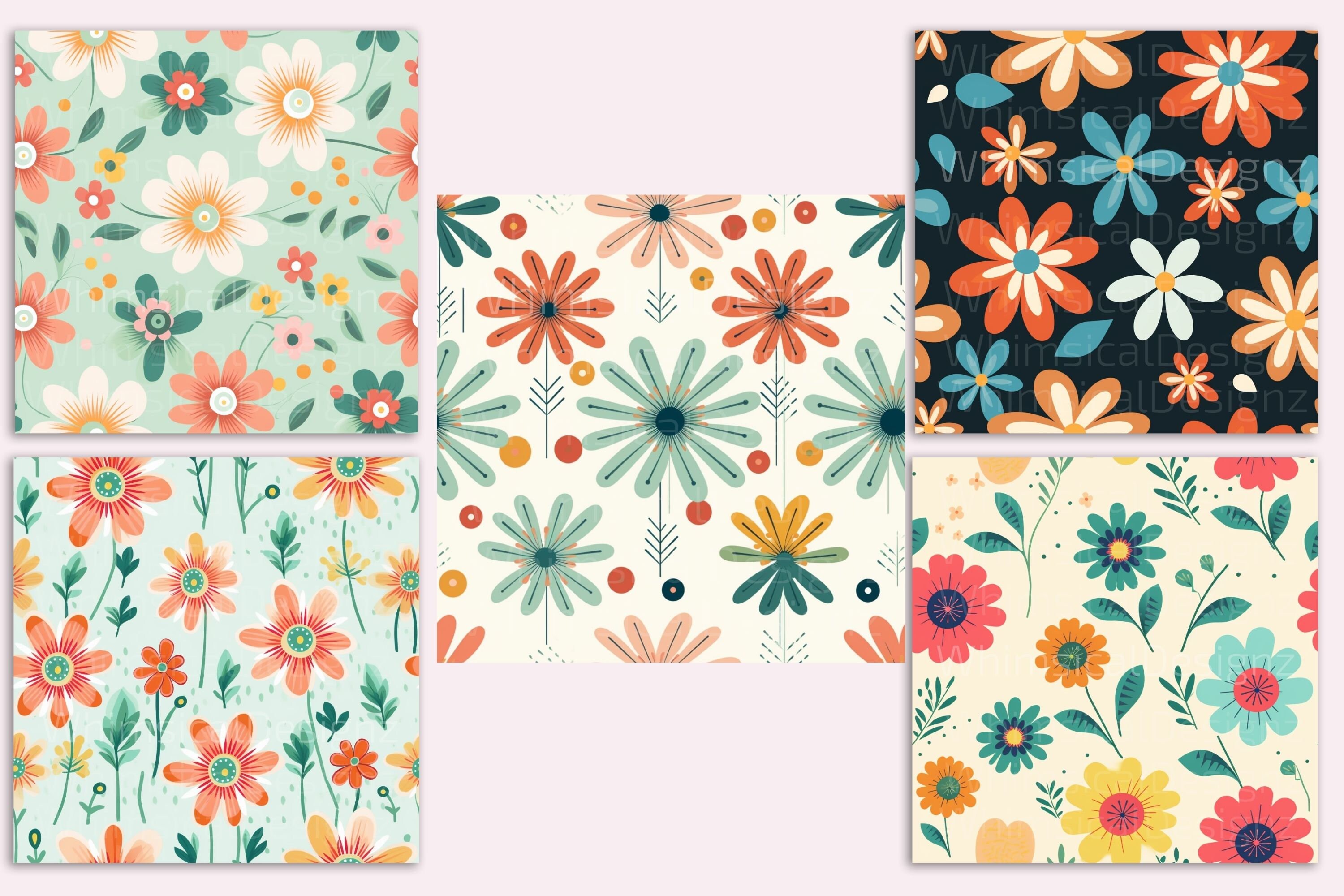20 Retro Spring Flowers Seamless Leaves Pattern, Digital Paper Pack ...