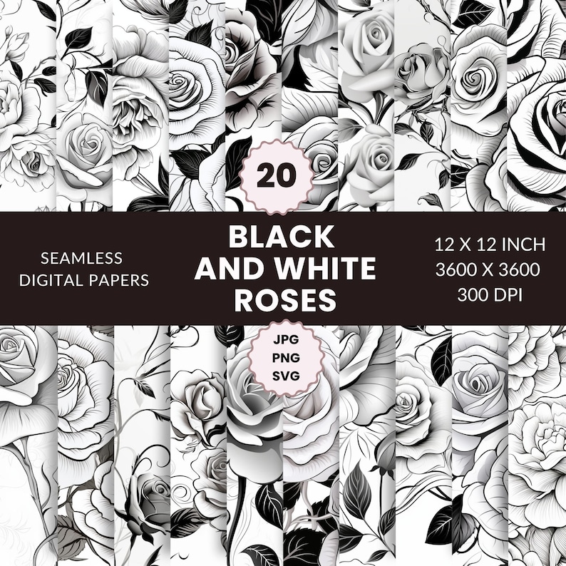 20 Black and White Roses Seamless Pattern, Digital Paper Pack, Floral ...