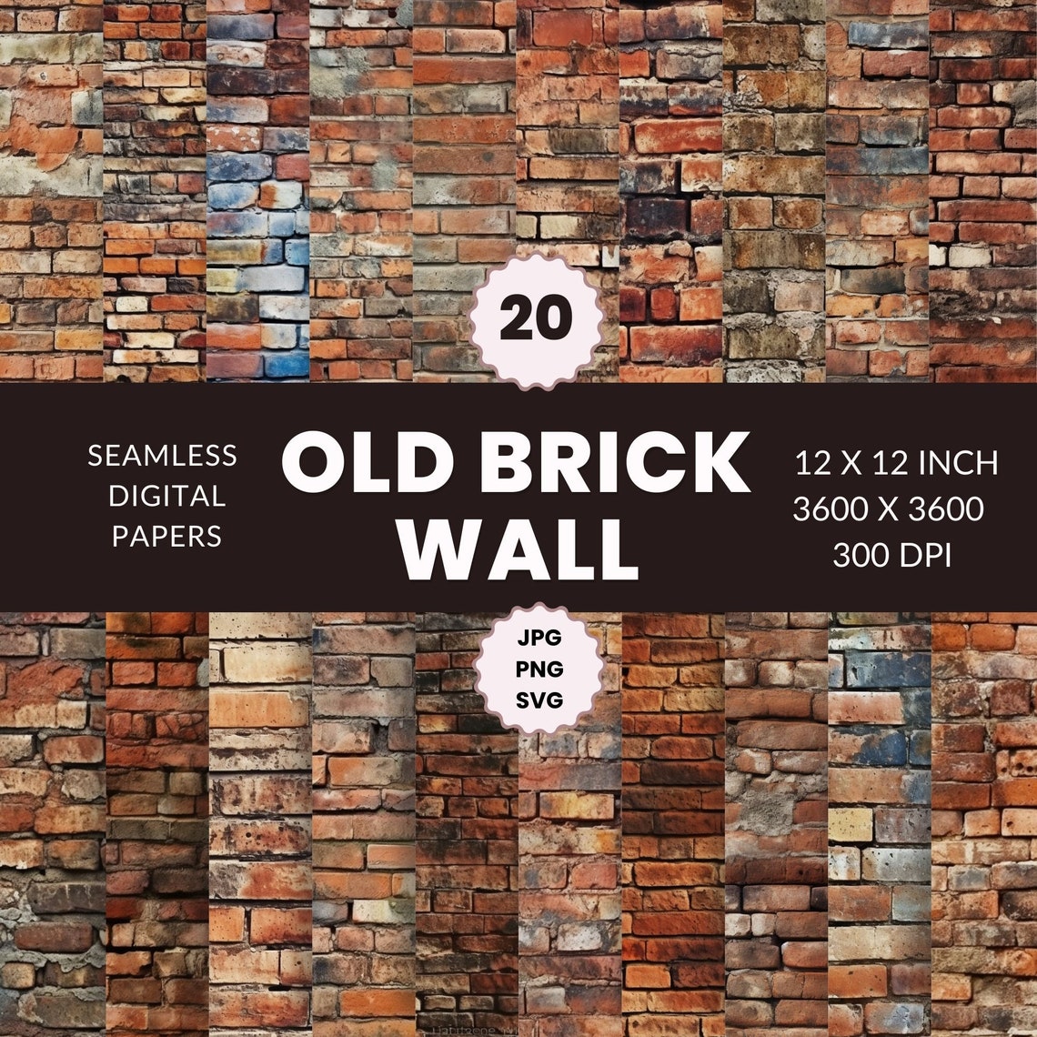 20 Old Brick Wall Seamless Pattern, Digital Paper Pack, Aged, Antique Brickwork, Instant ...