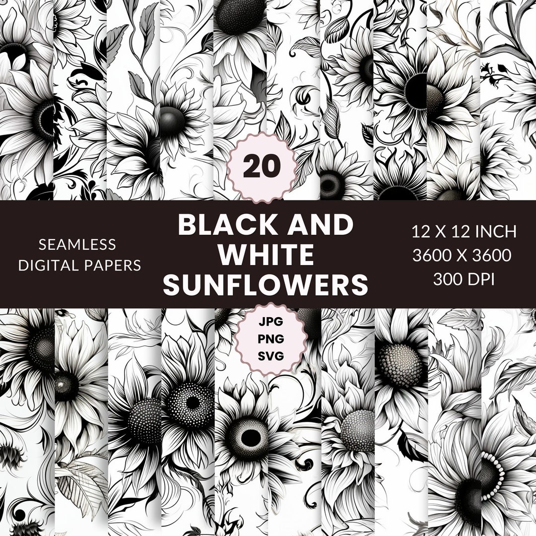 20 Black and White Sunflowers Seamless Pattern, Digital Paper Pack ...