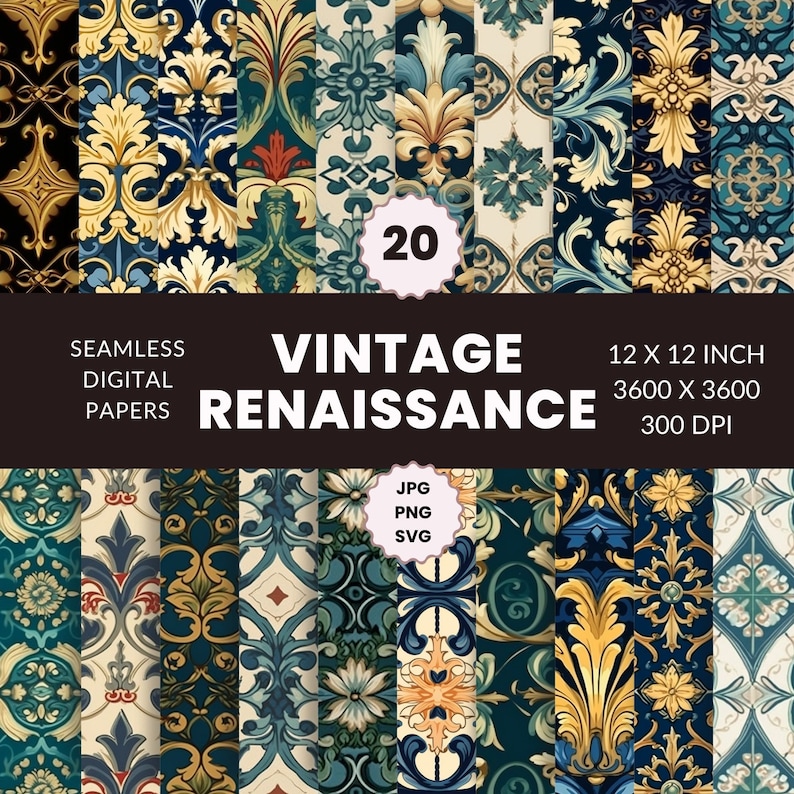20 Vintage Renaissance Seamless Pattern, Digital Paper Pack, Retro ...
