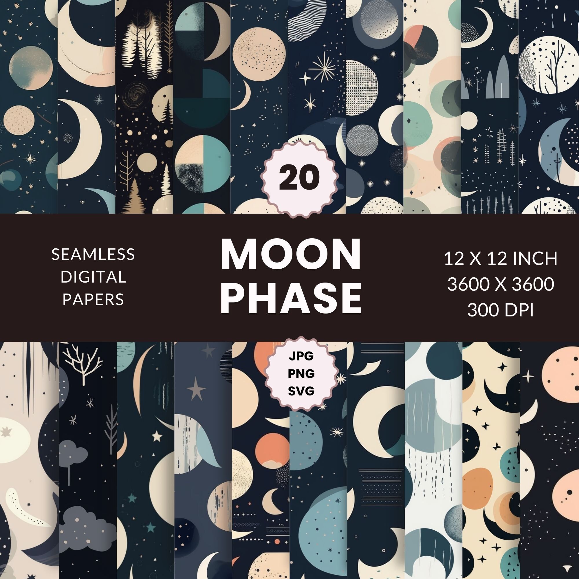 20 Moon Phase Seamless Pattern, Digital Paper Pack, Cosmic Graphic ...