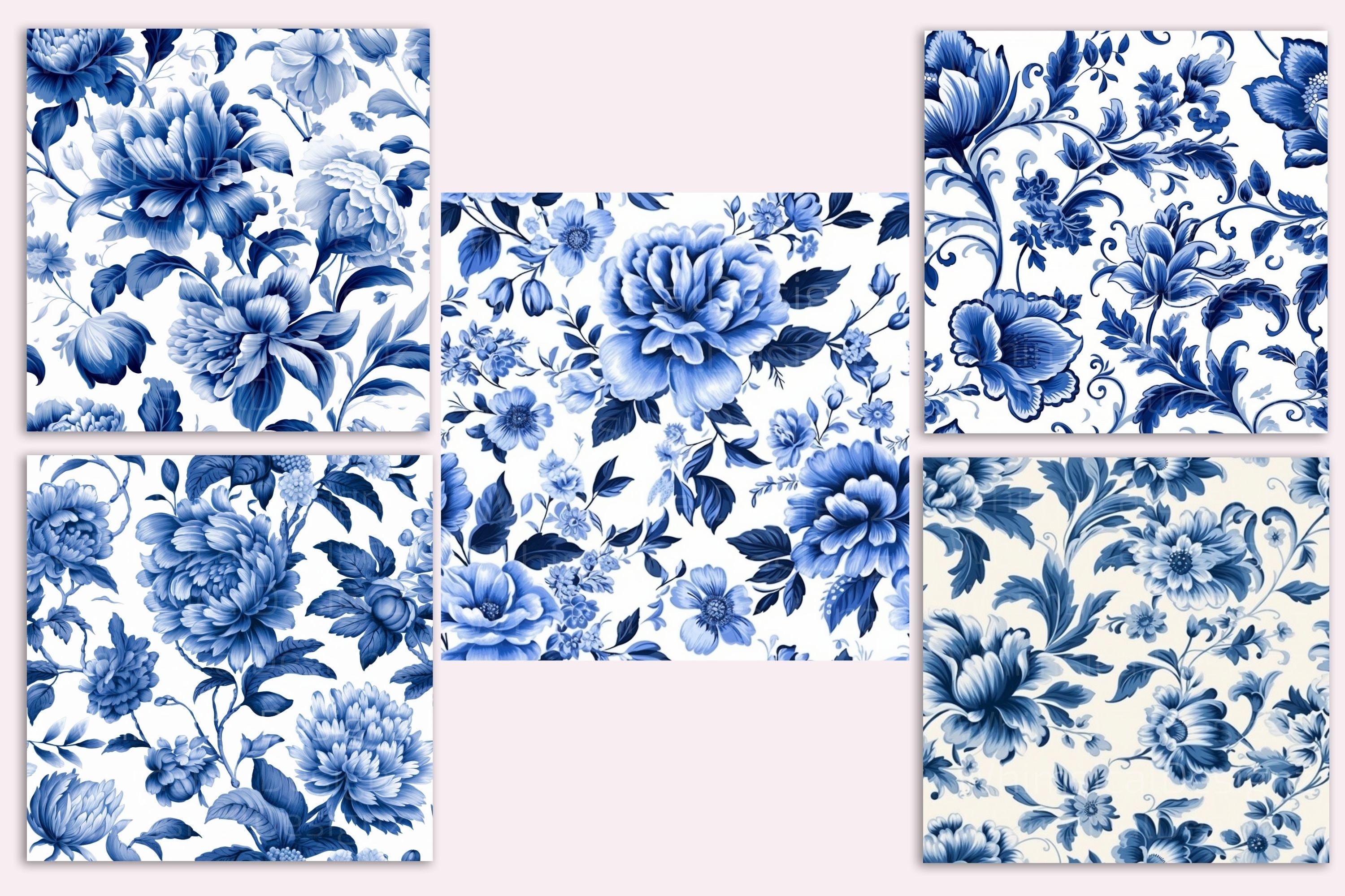 20 Delft Blue Florals Seamless Pattern, Digital Paper Pack, Blue and ...
