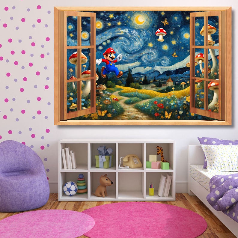 Fake Window Starry Night Mario Canvas Wall Art Window View Super Mario ...