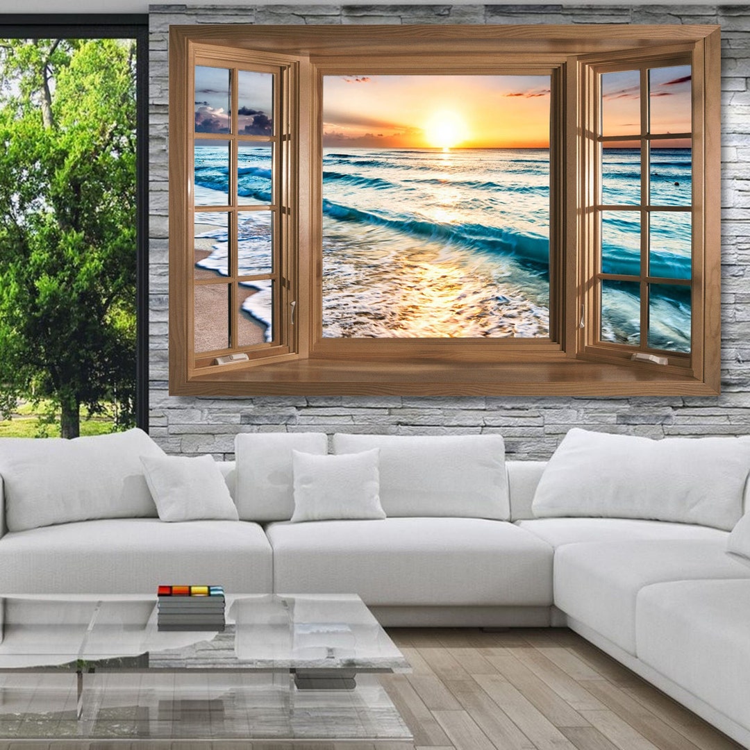 Beach Window Scene Canvas Wall Art Window View Sea Wall Hanging Decor ...