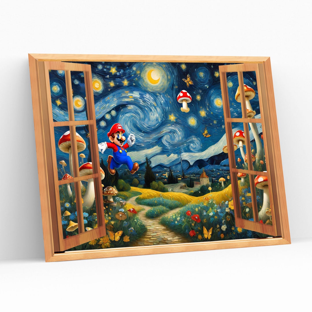 Fake Window Starry Night Mario Canvas Wall Art Window View Super Mario ...