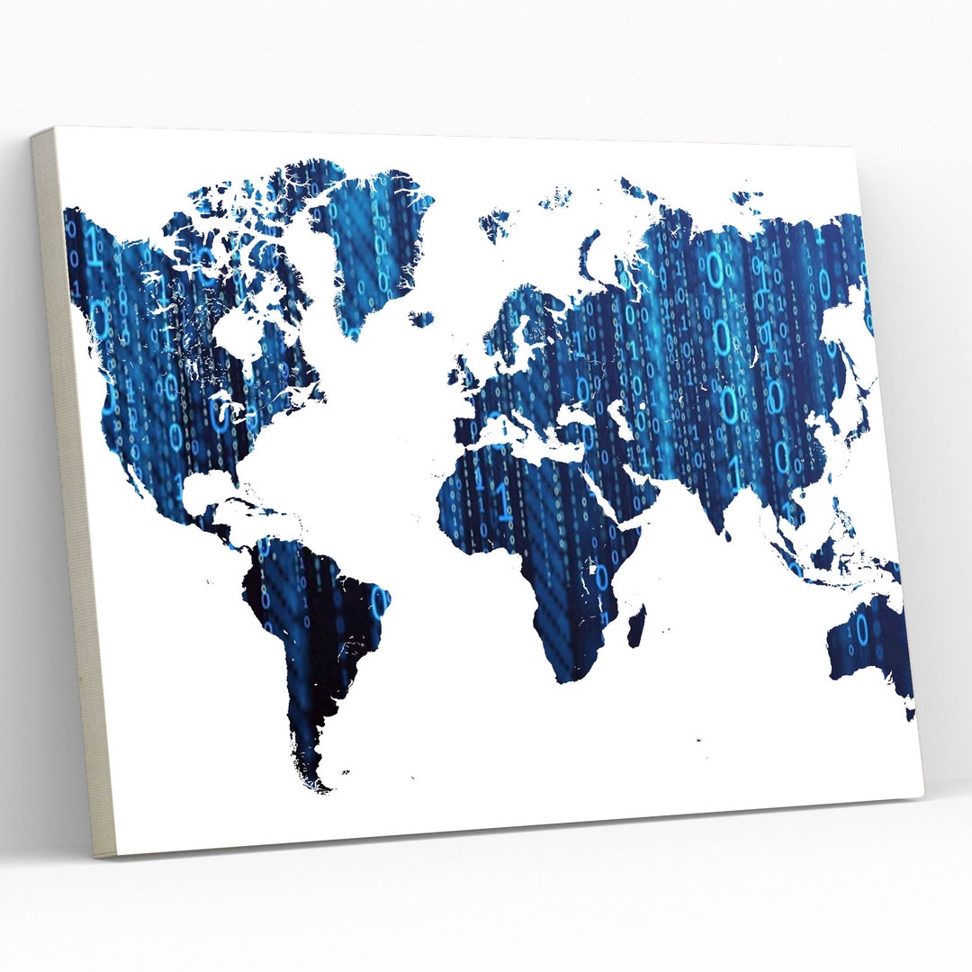 Binary Numbers World Map Canvas Wall Art Science Decor Binary Codes ...