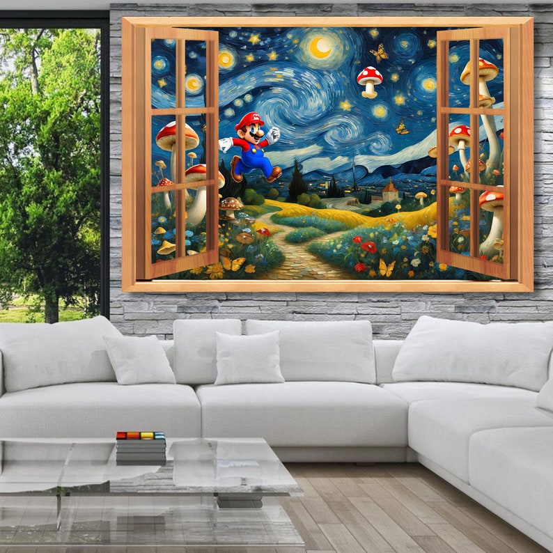 Fake Window Starry Night Mario Canvas Wall Art Window View Super Mario ...