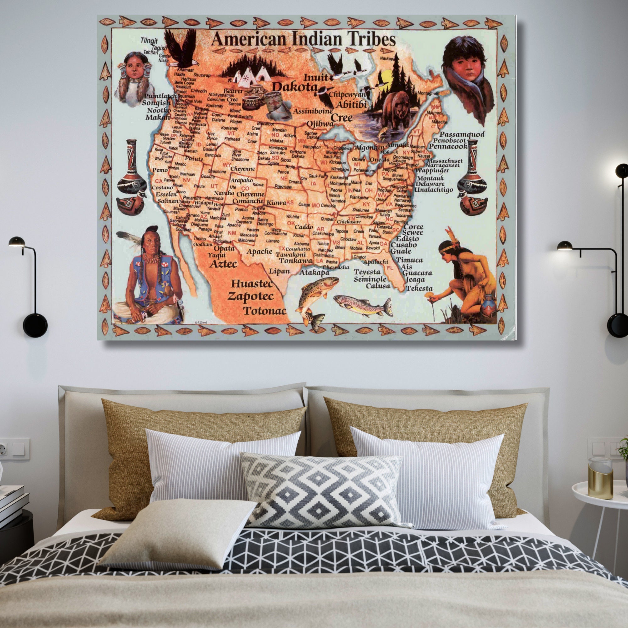 American Indian Tribes Map Design Printed on Canvas Home Decor Mancave ...