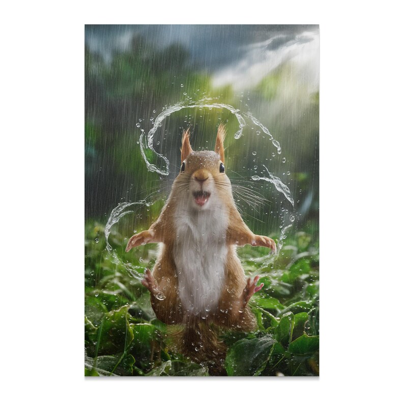 Adorable Squirrel Playing in Rain Poster, Cute Animal Wall Art, Nature Photography Print ...