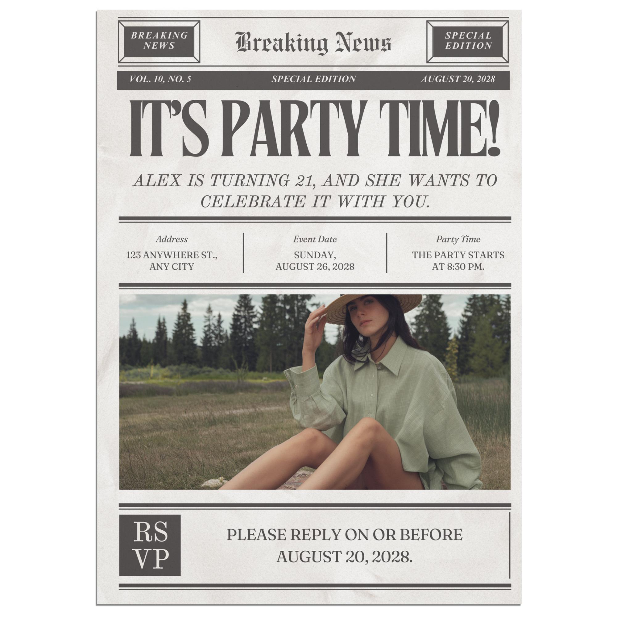 Birthday Invitation Note, News Headline Style, Personalized Invite ...