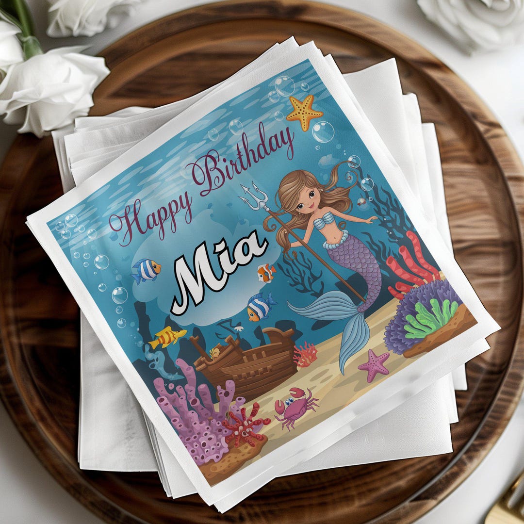 Kids Birthday Napkins, Mermaid Theme Party Napkins, Under the Sea ...