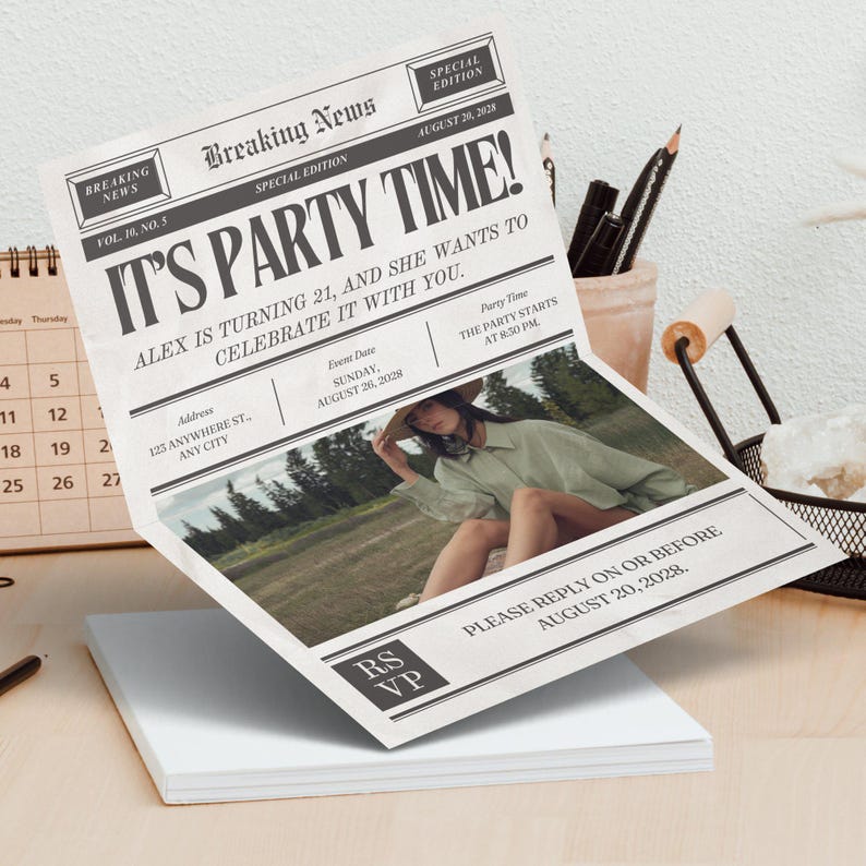 Birthday Invitation Note, News Headline Style, Personalized Invite ...