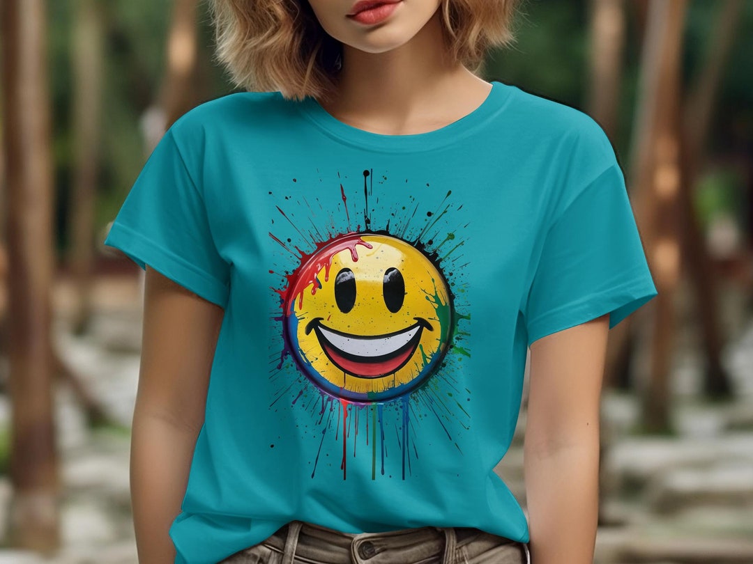 Colorful Paint Splatter Smiley Face T-shirt, Vibrant Artistic ...