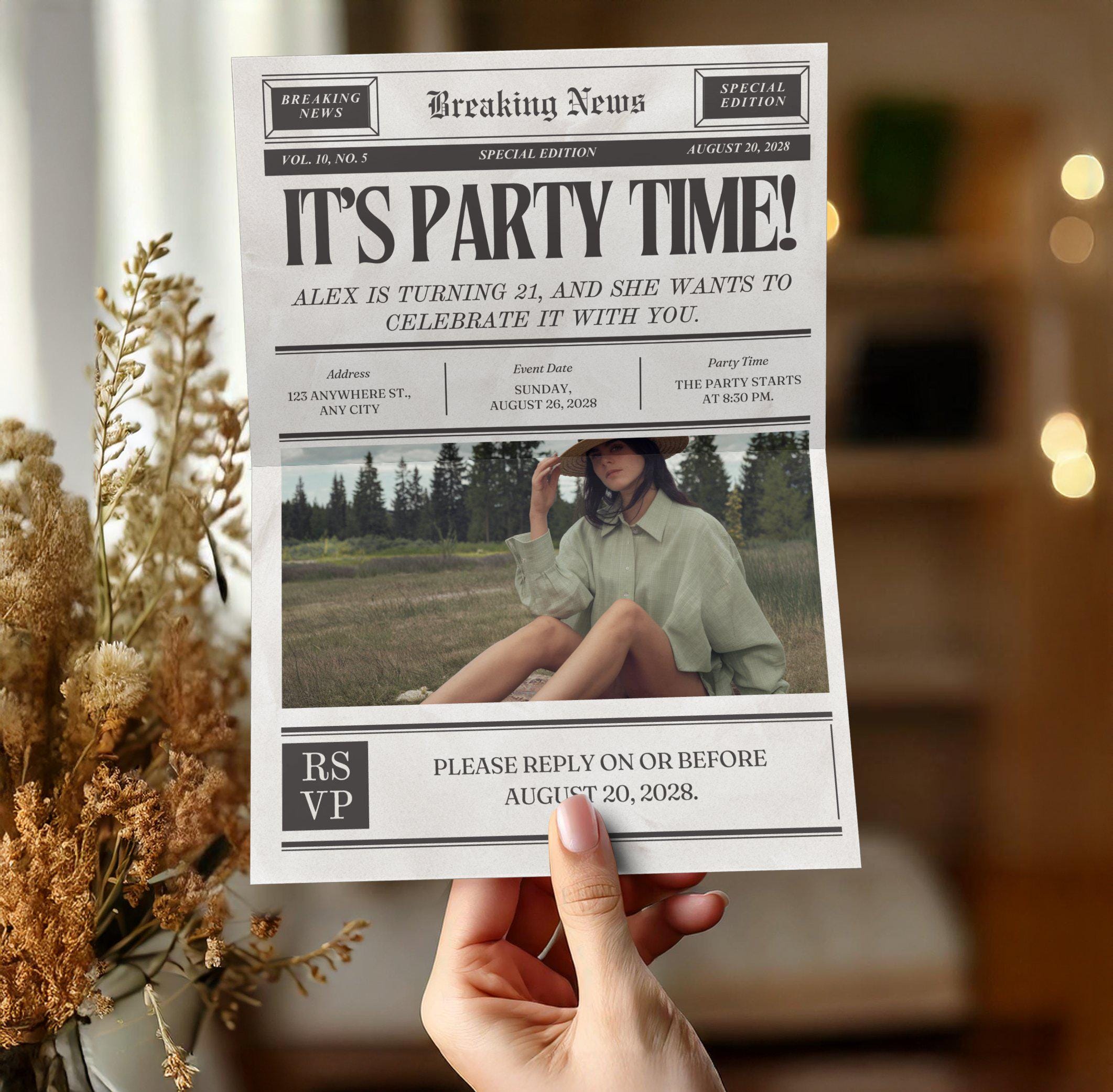 Birthday Invitation Note, News Headline Style, Personalized Invite ...