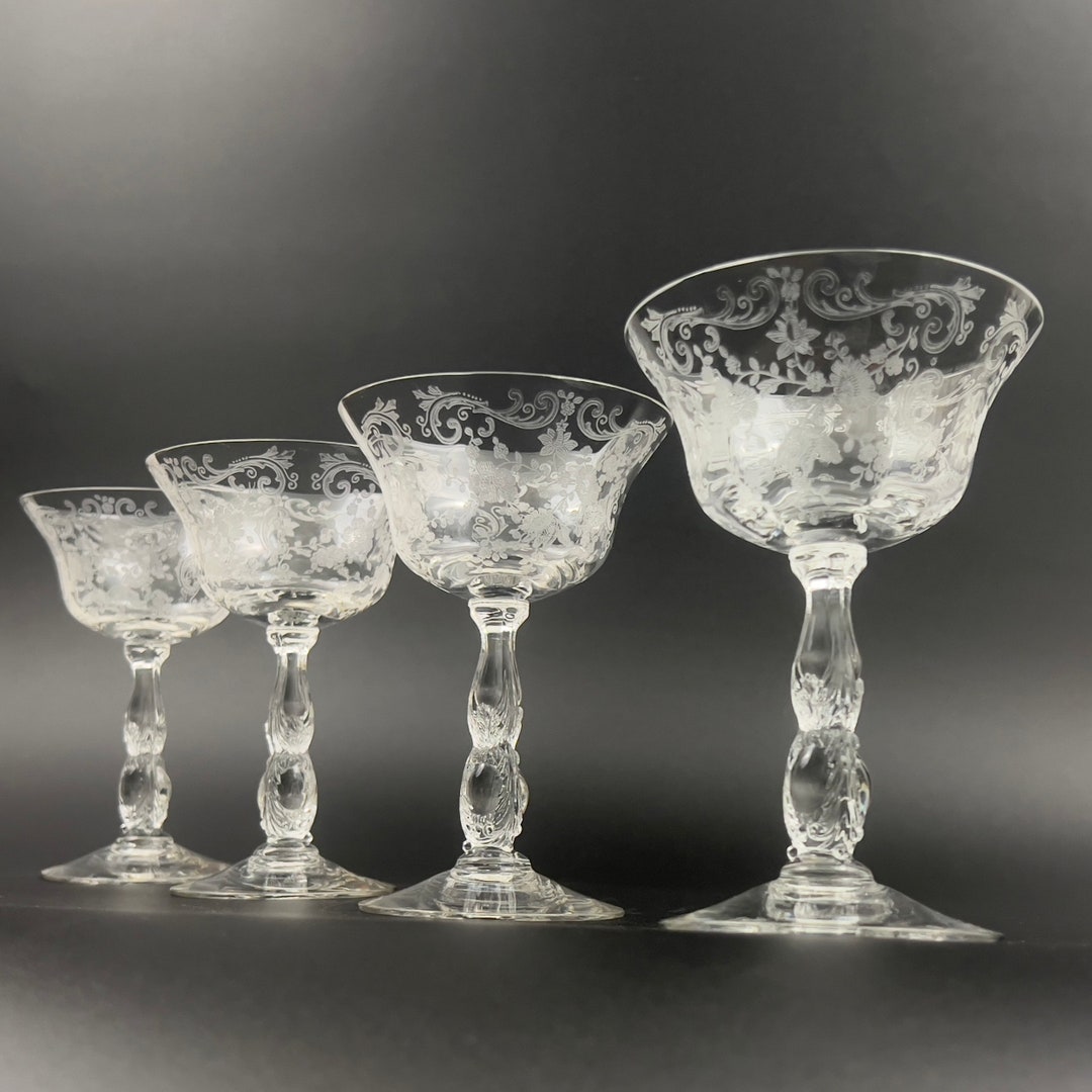 Set of 4 Etched Floral Champagne Coupes, 1940s Cambridge Glass ...