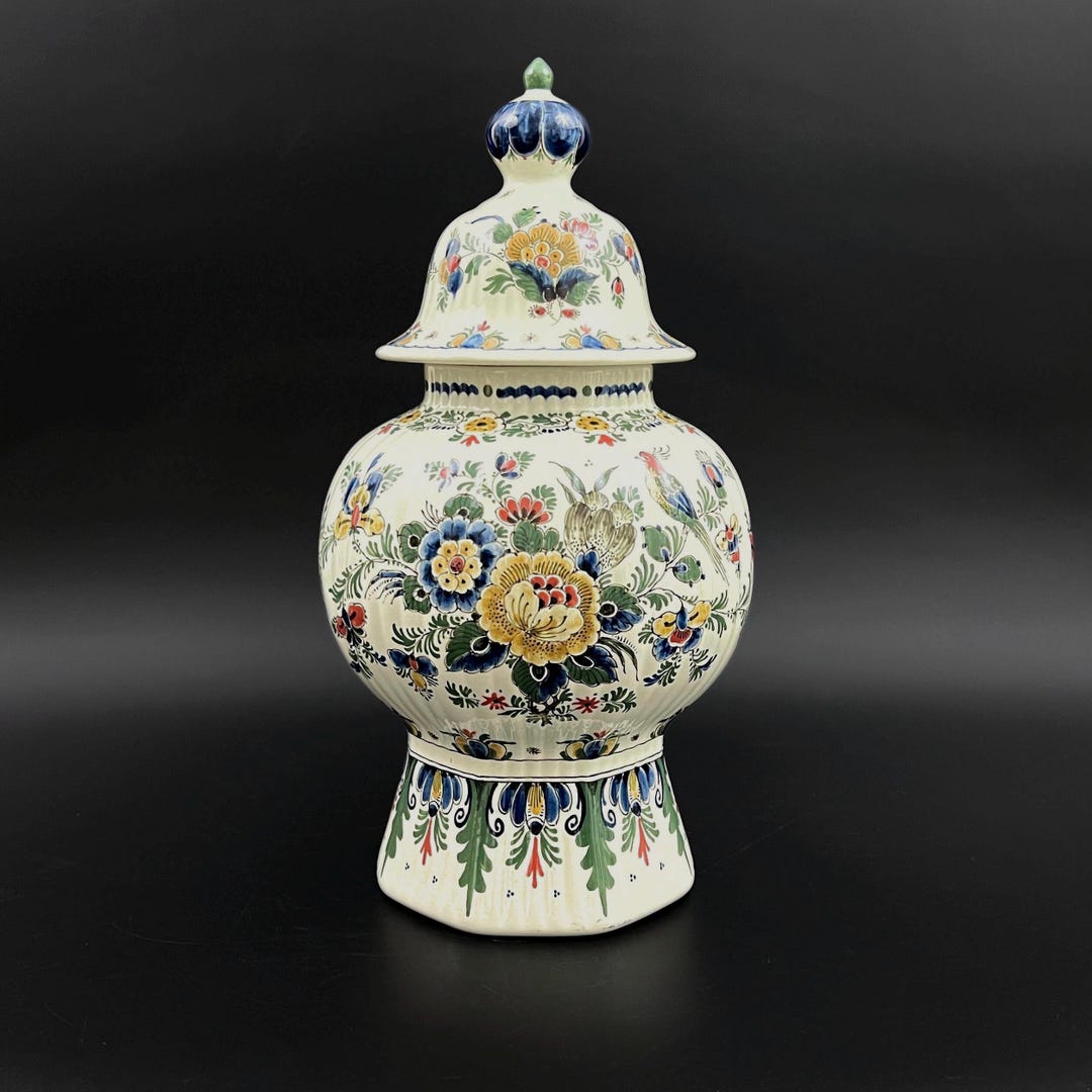 Large Royal Delft Jar With Lid, Vintage Hand Painted Multi-color ...