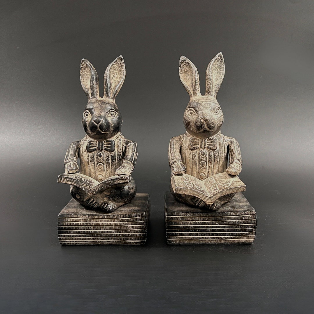 Pair of Vintage Anthropomorphic Rabbit Reading Bookends, Vintage Cast ...