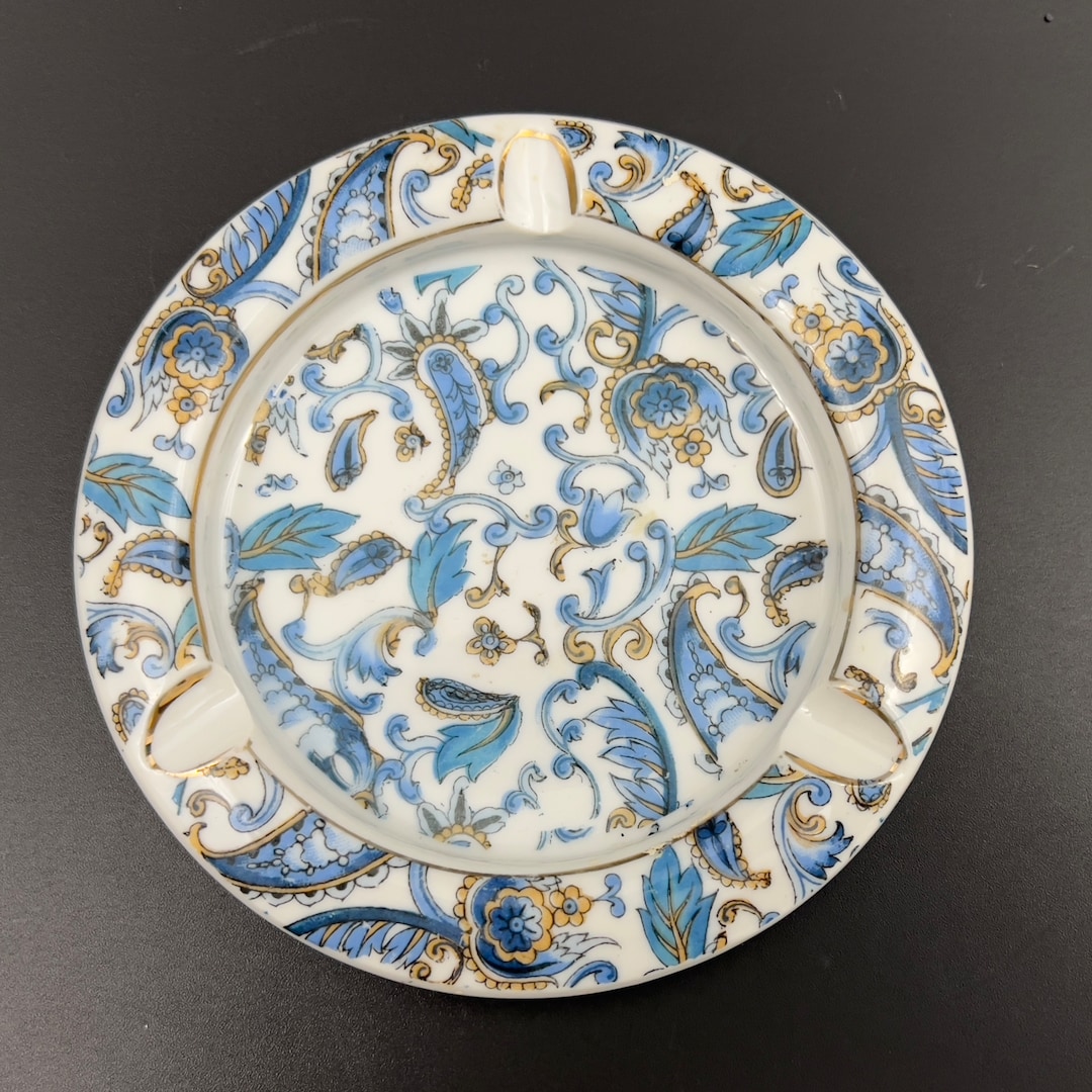 Lefton Blue and White Porcelain Ashtray, Blue and Gold Paisley Ashtray ...