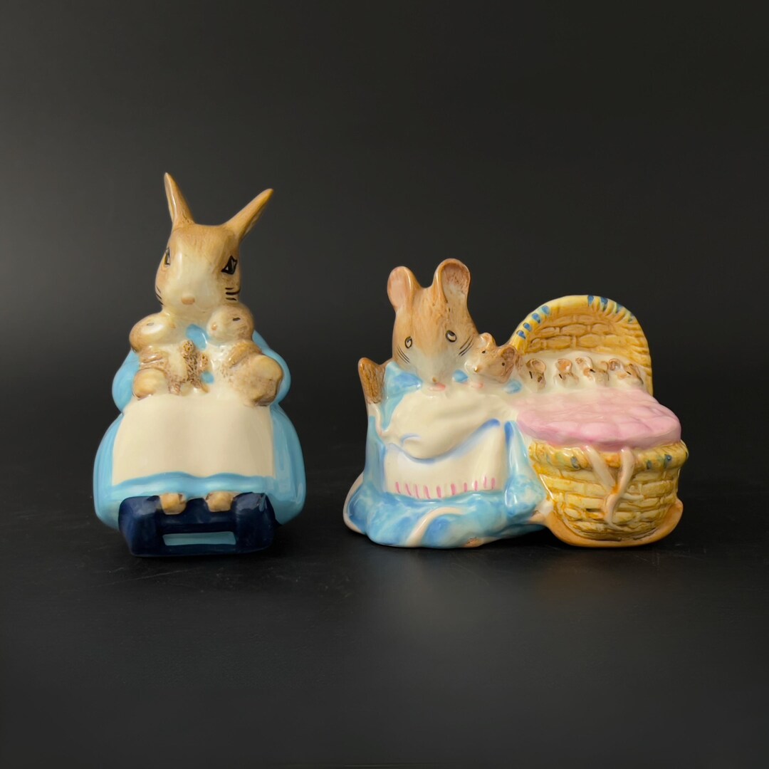 Vintage Beatrix Potter Figurine Set - Mrs Rabbit and Bunnies & Hunca ...