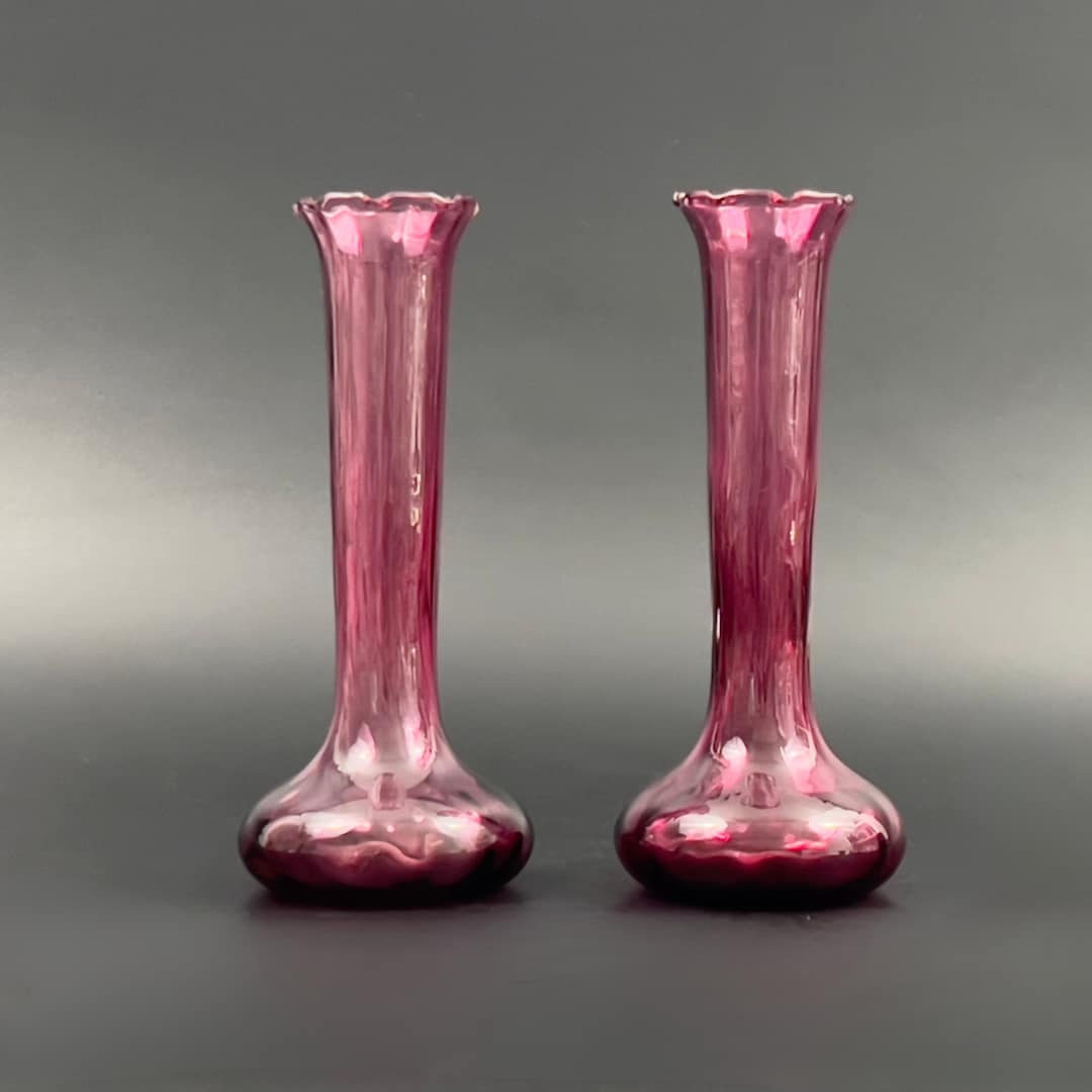 Set of Two Cranberry Glass Bud Vases Ruffle Top, 7 Inch Cranberry Bud ...