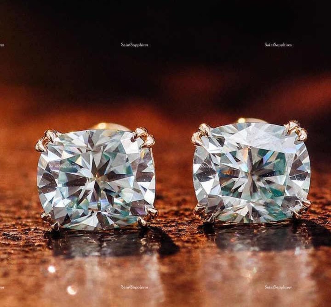 1.50 + 1.50 Ct Cushion Cut Moissanite Stud Earring Blue Cushion ...
