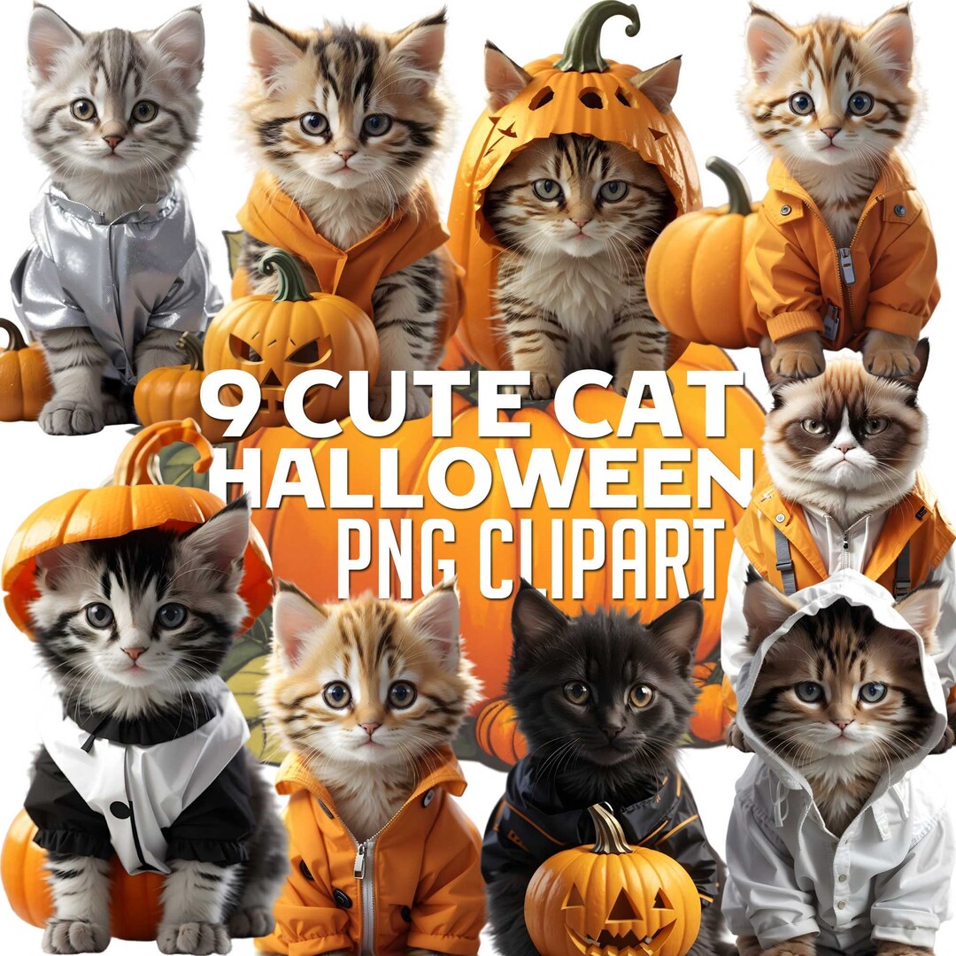 Halloween Cat PNG Bundle, 9 Cute Cats and 4 Free Pumpkins, Cute Kittens ...