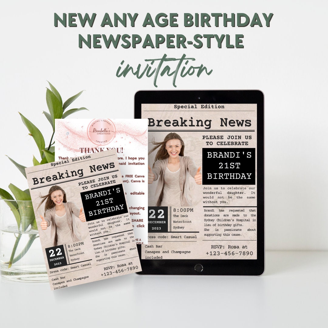 Newspaper Birthday Party Invitation Template, Birthday, Editable ...