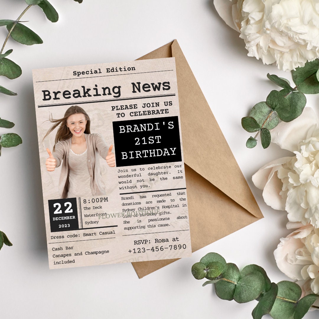 Newspaper Birthday Party Invitation Template, Birthday, Editable ...