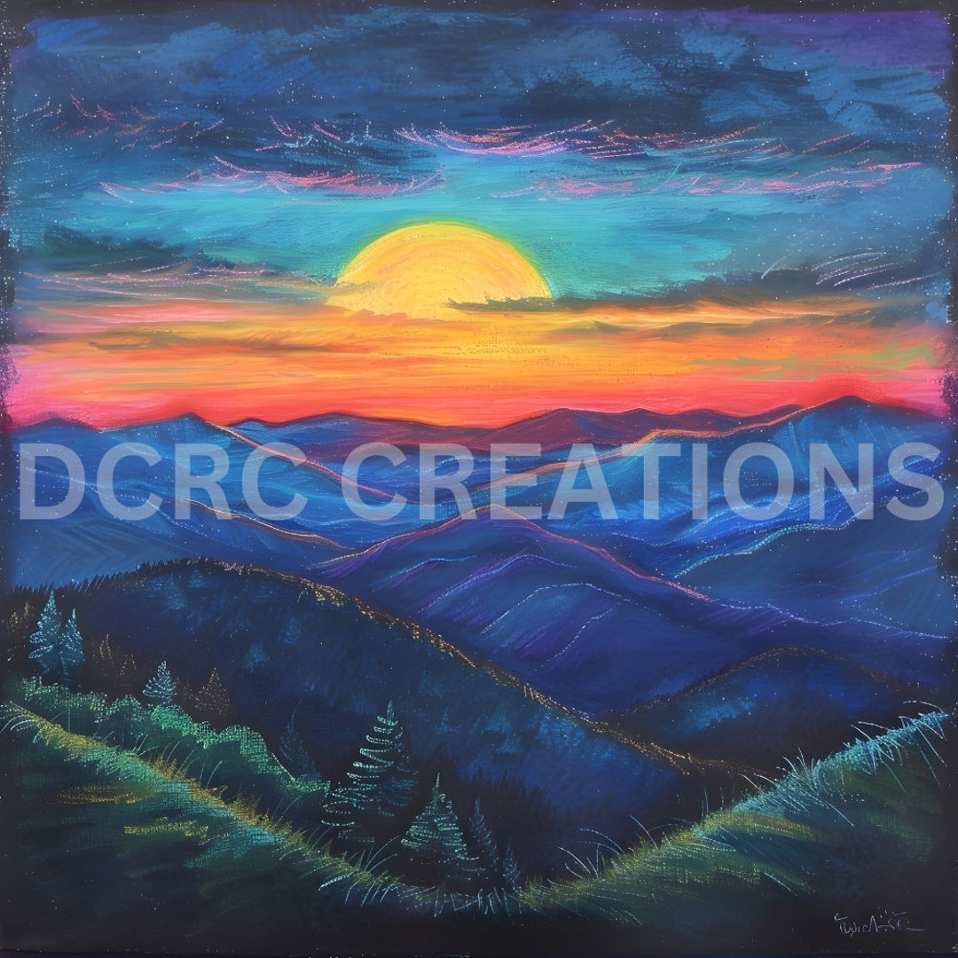Colorful Chalk Drawing of the Blue Ridge Mountains Print/colorful ...