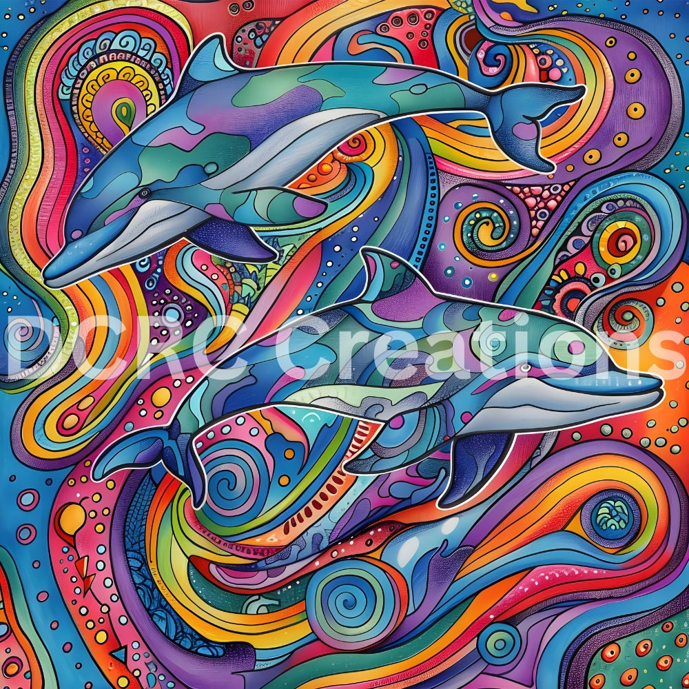 Colorful Dolphin Doodle Art Print/psychedelic Dolphin Print/dolphin ...