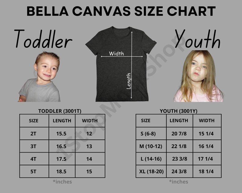 Combined 3001T 3001Y Size Chart, 3001T Toddler Tshirt Size Chart, Bella ...