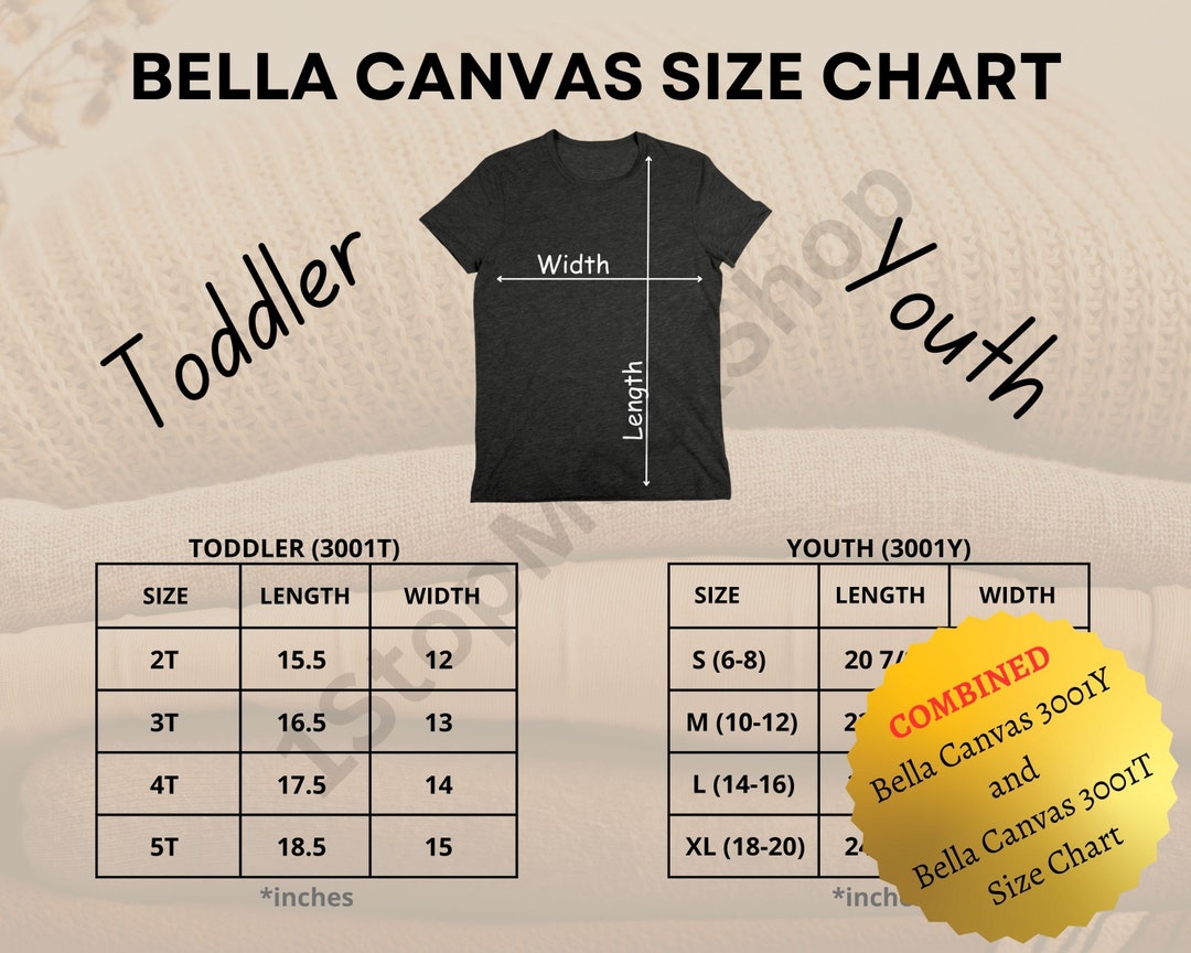 Bella Canvas 3001Y AND 3001T Size Chart, Bella Canvas 3001Y Size Chart Mockup, Bella Canvas ...