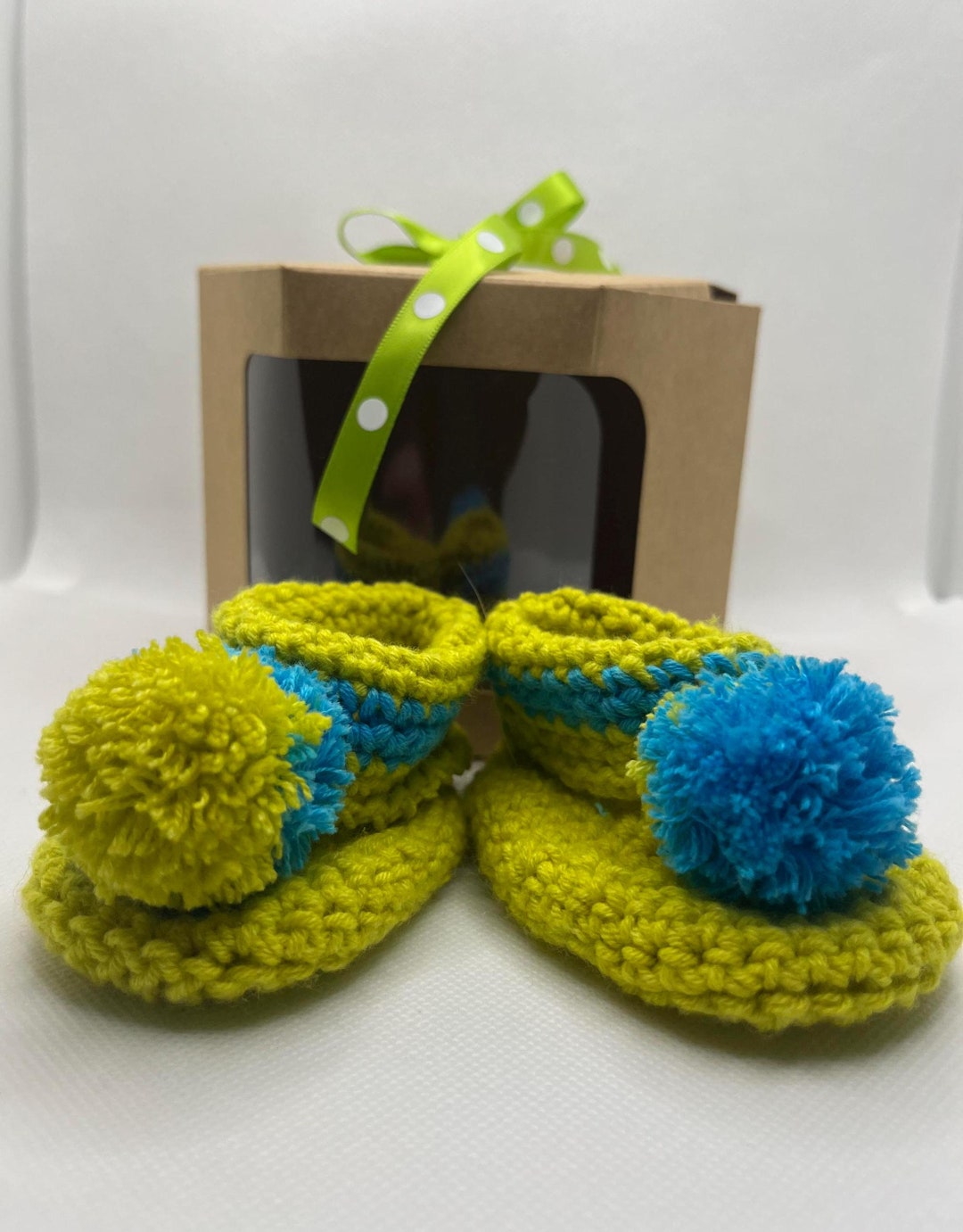 Yellow and Blue Baby Booties - Crochet Baby Booties - Pom Pom Baby ...