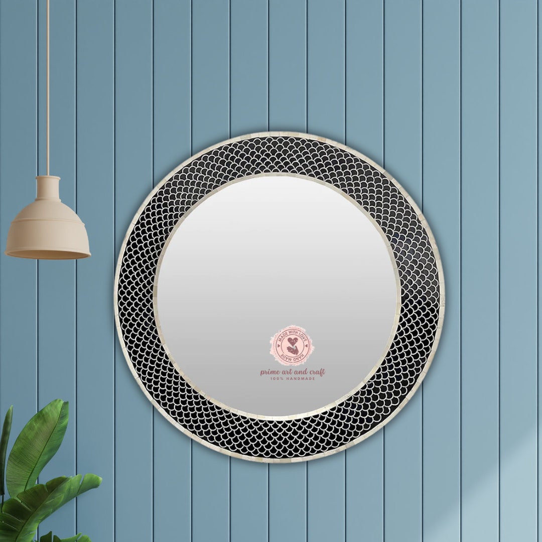 Bone Inlay Mirror Round Fishscale Black mirror Bathroom - Etsy UK