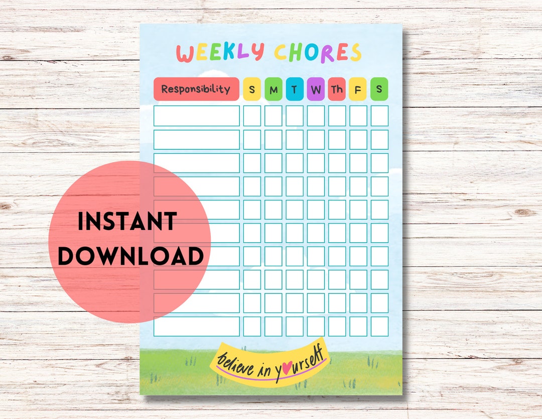 Kids Chore Chart Printable, Digital Download, Responsibility Chart ...