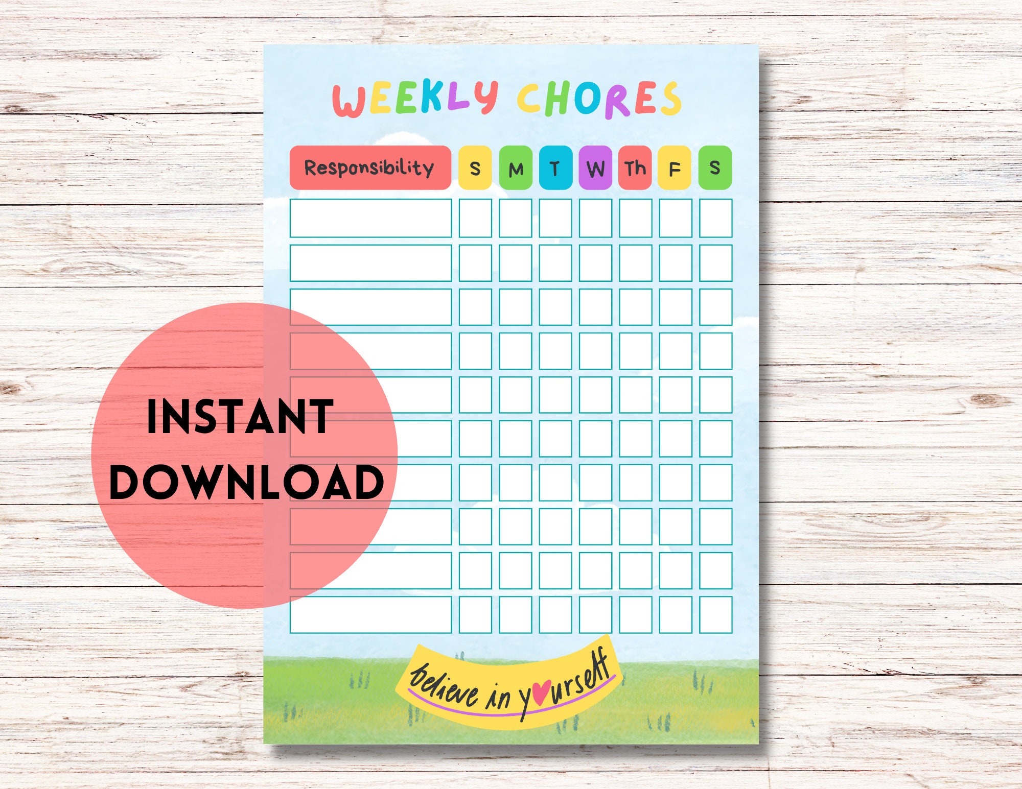 Kids Chore Chart Printable, Digital Download, Responsibility Chart ...