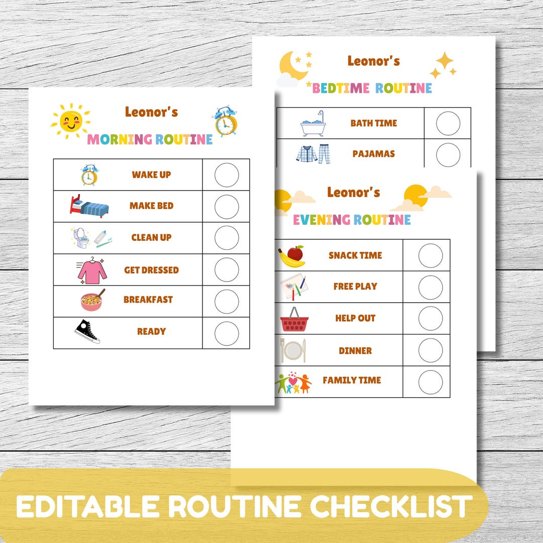 Editable Daily Routine for Kids, Morning Evening Bedtime Checklist ...
