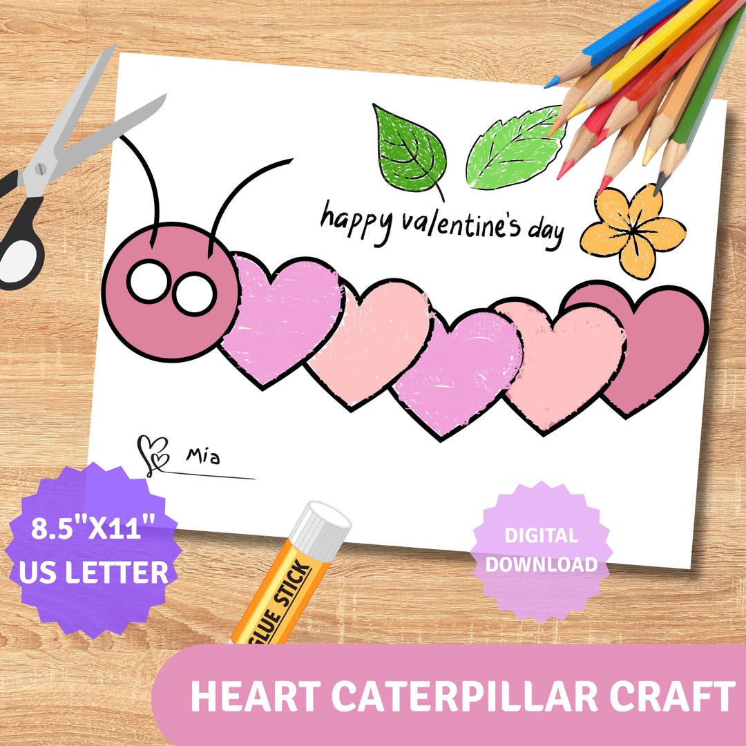 Valentine Heart Caterpillar Craft, Kids February Art (digital Download ...