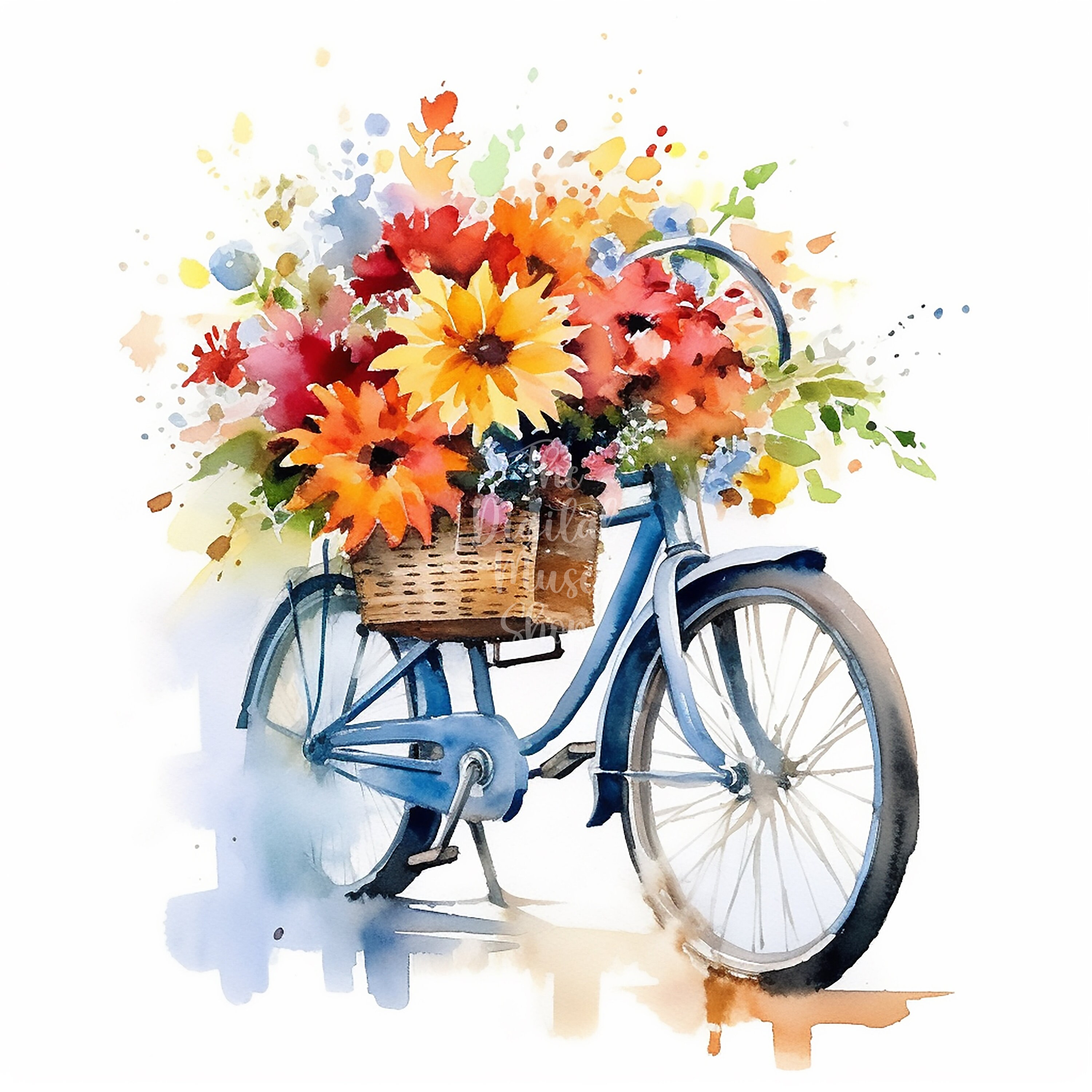 Bicycle With Flowers Clipart, 12 High Quality Jpgs, Clip Art Watercolor ...
