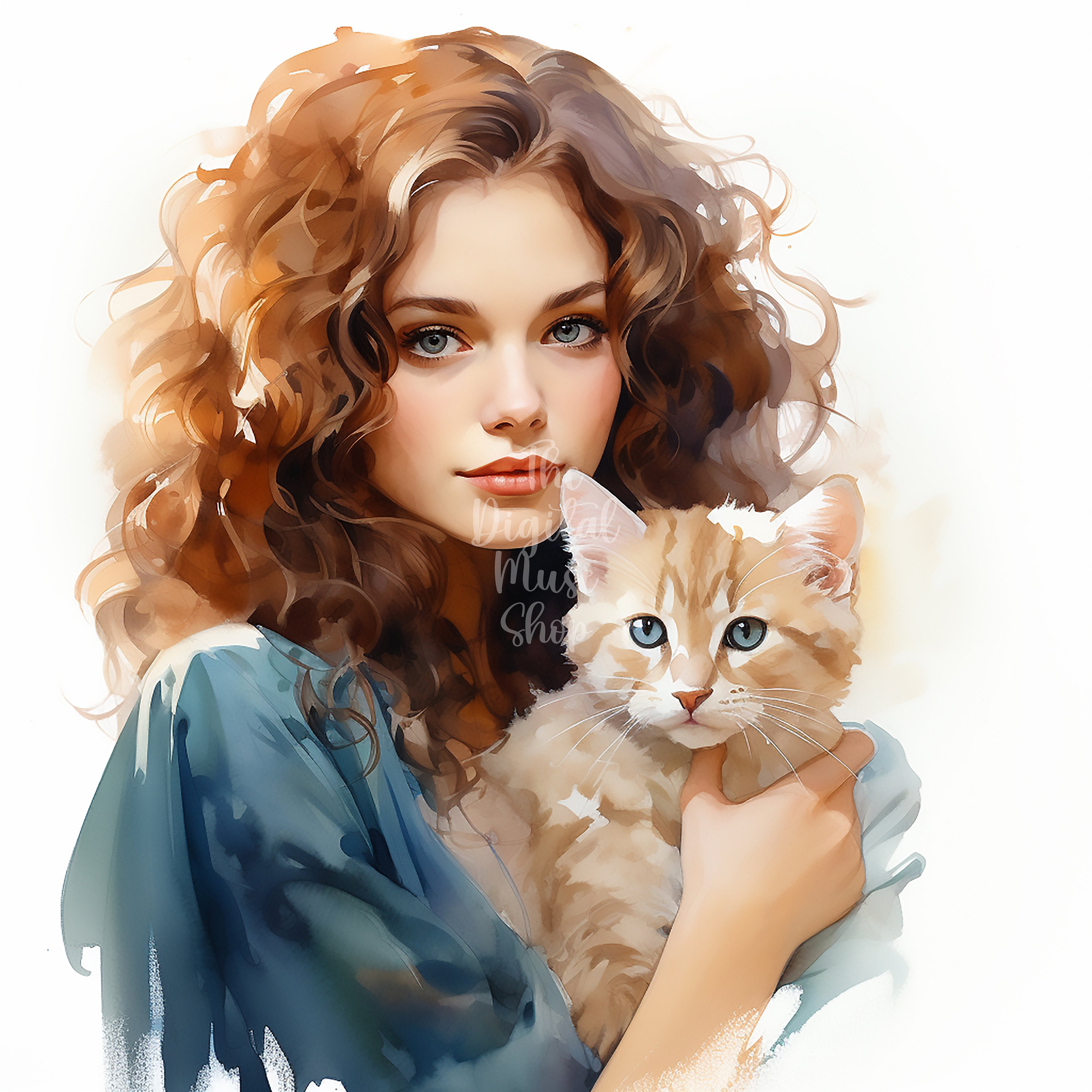 Watercolor Girl With Cat Clipart Digital Download Cat Clip Art Bundle ...