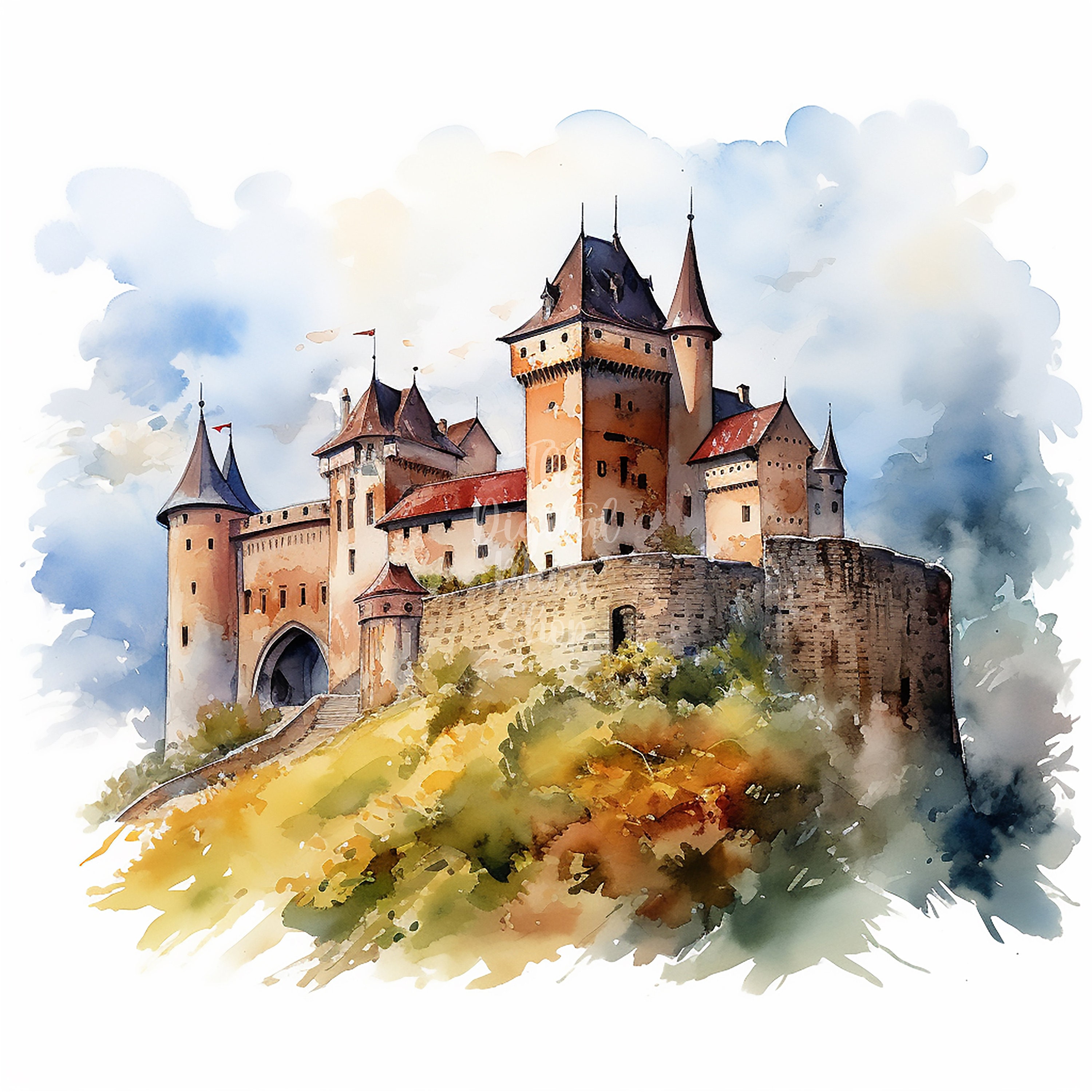 Medieval Castle Clipart, 12 High Quality Jpgs, Watercolor Clipart ...