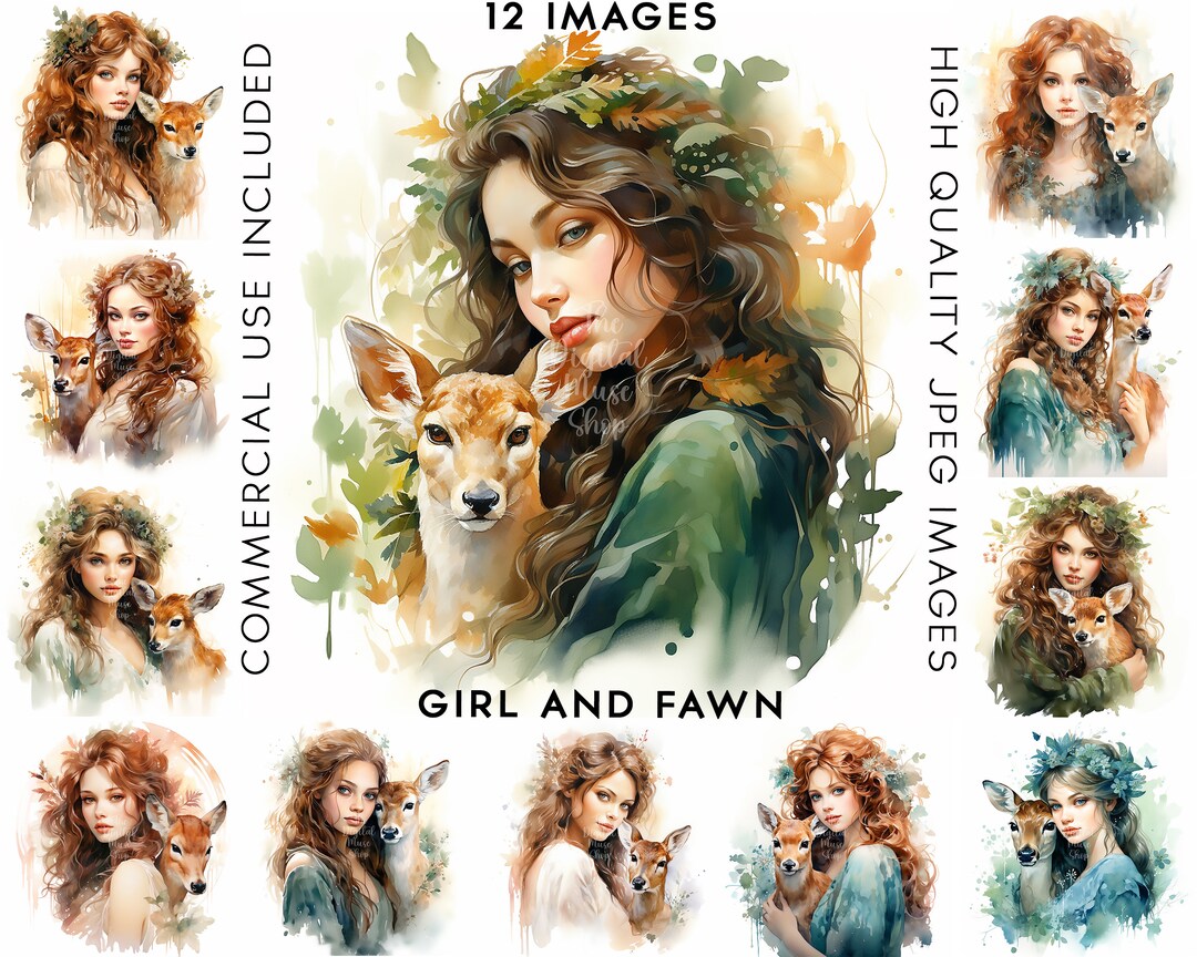 Watercolor Girl With Fawn Clipart Digital Download Fawn Clip Art Bundle ...